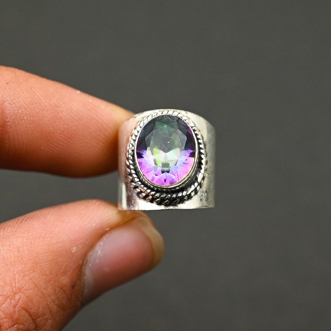 Mystic Topaz Wide Band Ring – Iridescent Rainbow Gemstone in Sterling ...
