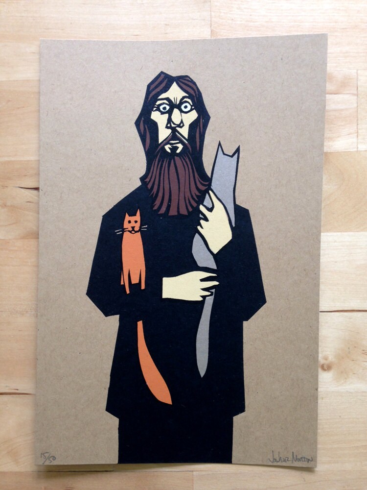 Rasputin Holding Cats - Screen Print With Glowing Eyes - Etsy