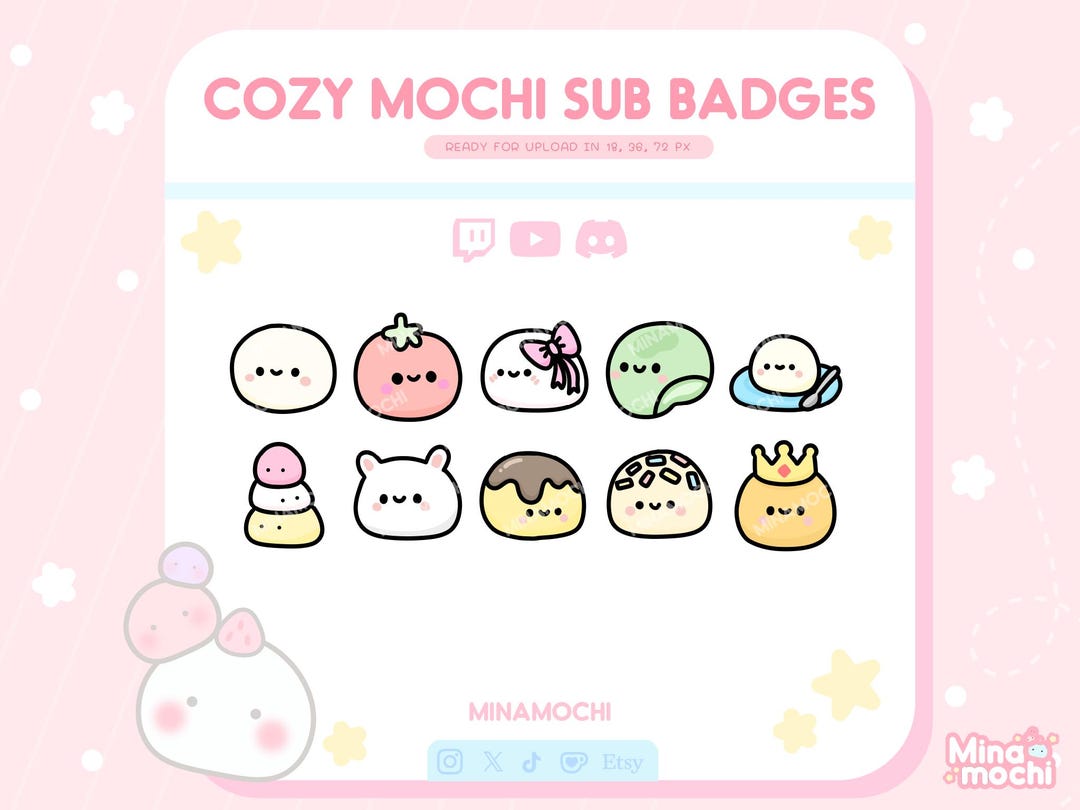 Cozy Cute Mochi Twitch Sub Badges | Pastel Kawaii Stream Assets | Bunny, Crown & Dessert Icons ...