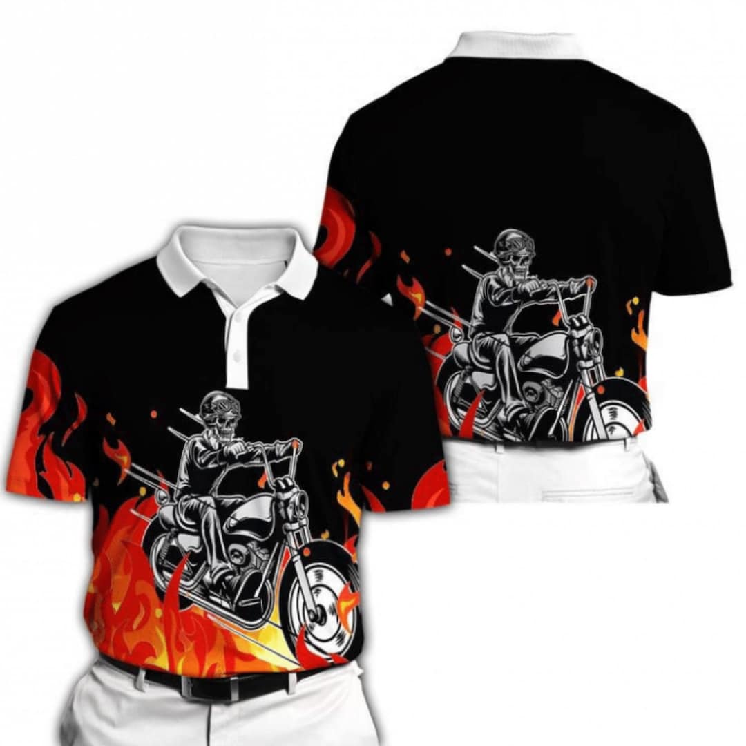 Skeleton Biker Polo Shirt: Flaming Motorcycle Design, Gothic Rider ...