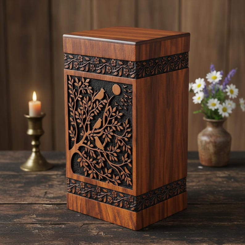 Handcrafted Wooden Memorial Urn | Engraved Tree & Birds, Rustic ...