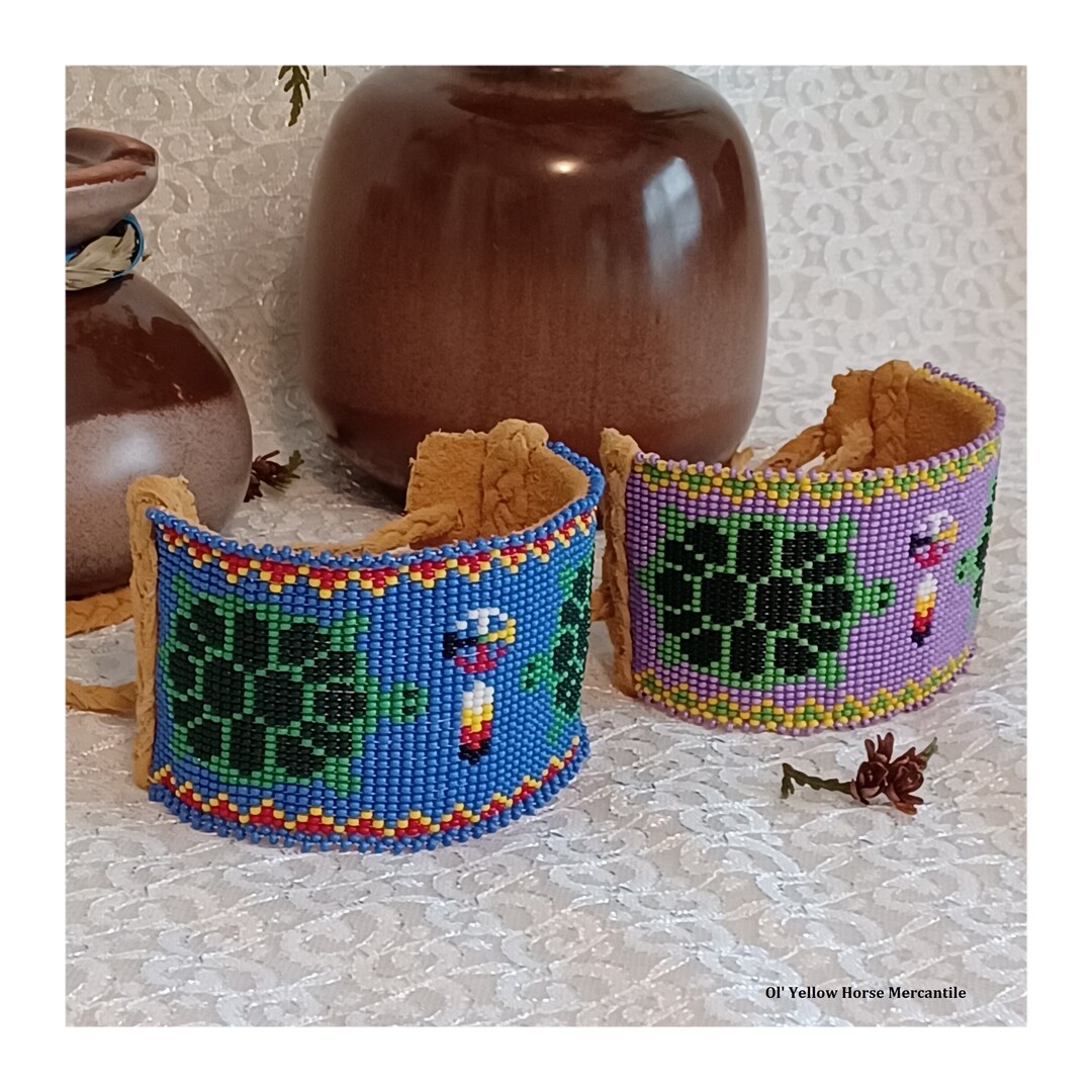 Turtles and Medicine Wheel Loom Beaded Leather Backed Cuff Bracelet ...