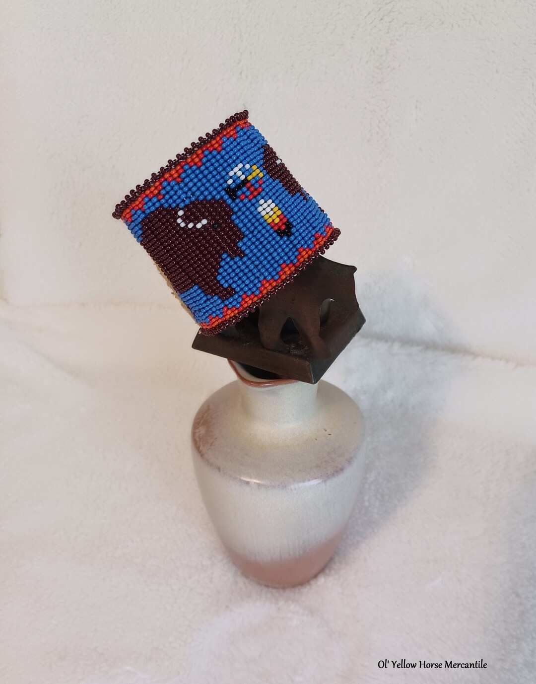 Loom Beaded Buffalo & Medicine Wheel Cuff Bracelet With Leather Backing ...