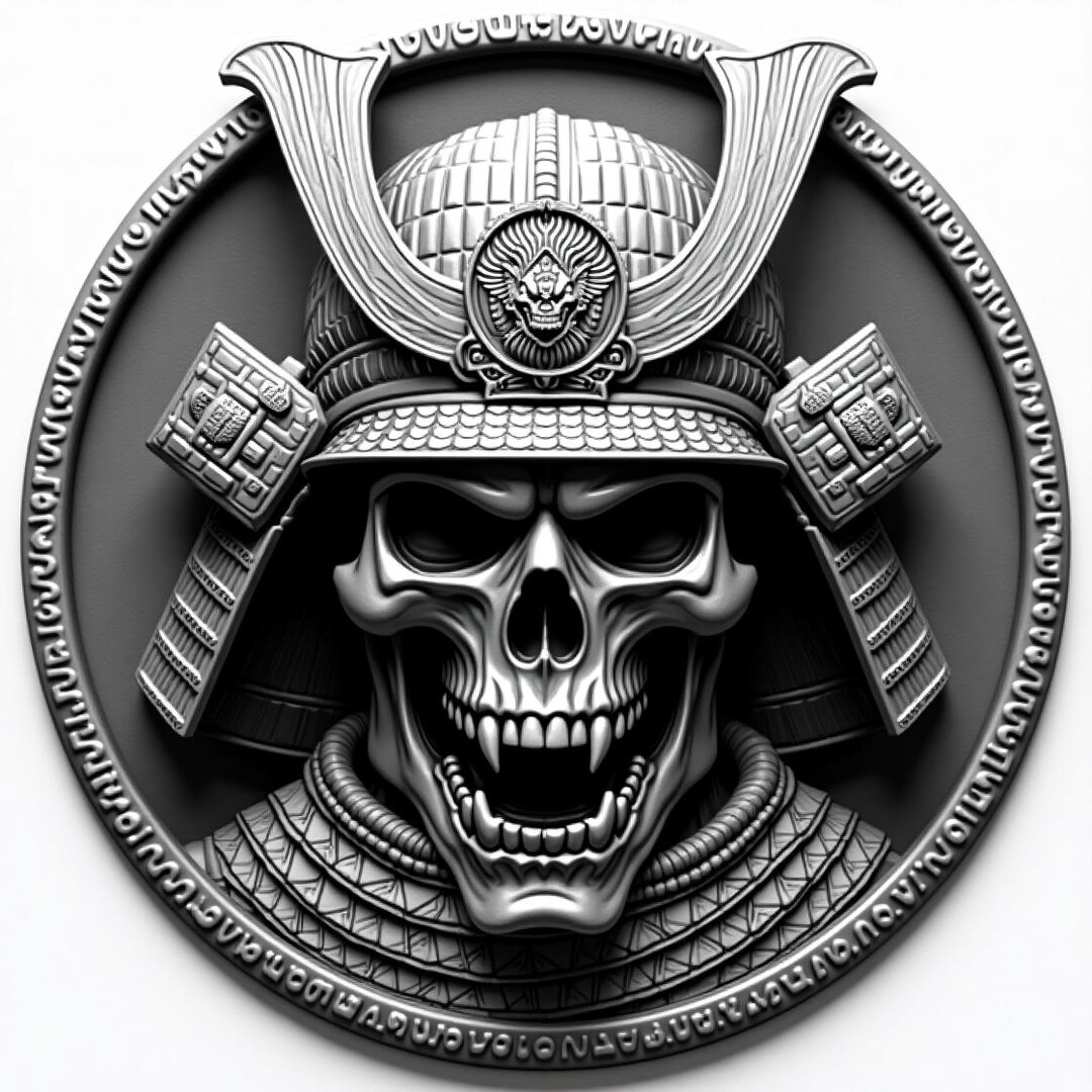 Samurai Skull Coin | Engraving-ready Grayscale Bas Relief | Digital ...