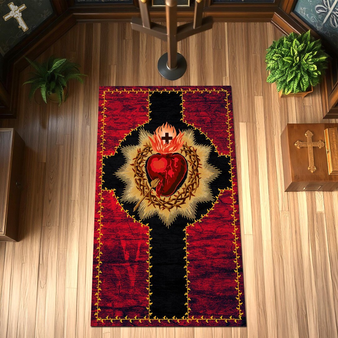 Sacred Heart Christian Prayer Rug, Catholic Devotional Mat With Cross ...
