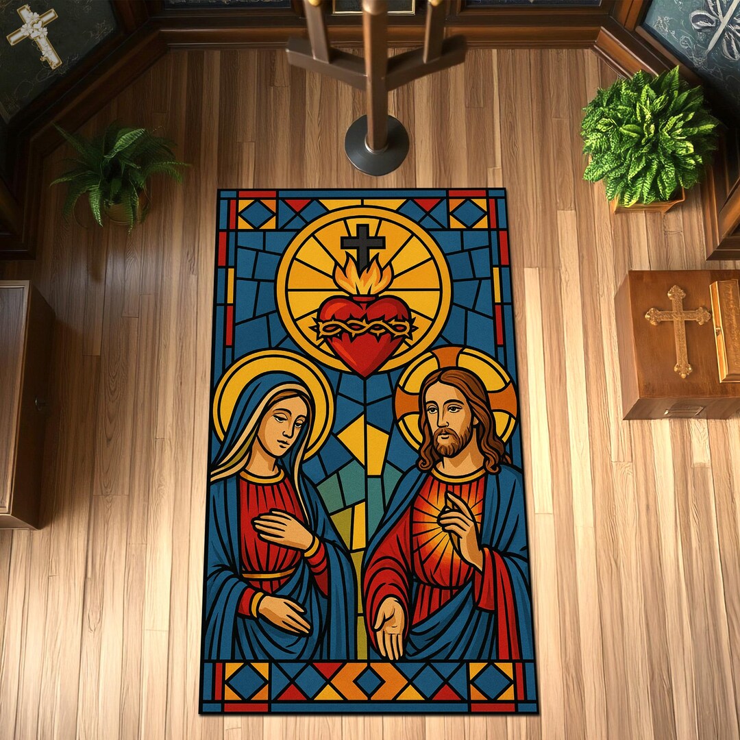 Sacred Heart Prayer Rug: Catholic Jesus & Mary Stained Glass Style - Etsy