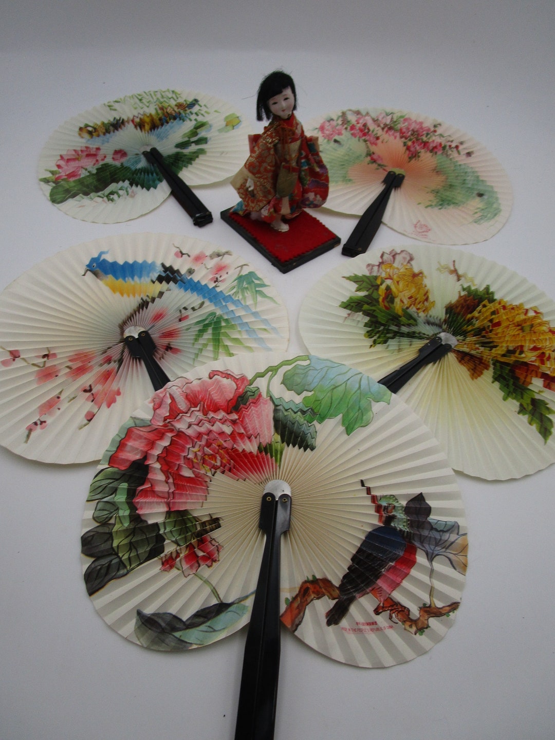 Vintage 5 Folding Hand Fans and Sweet Little Japanese Handmade Doll - Etsy