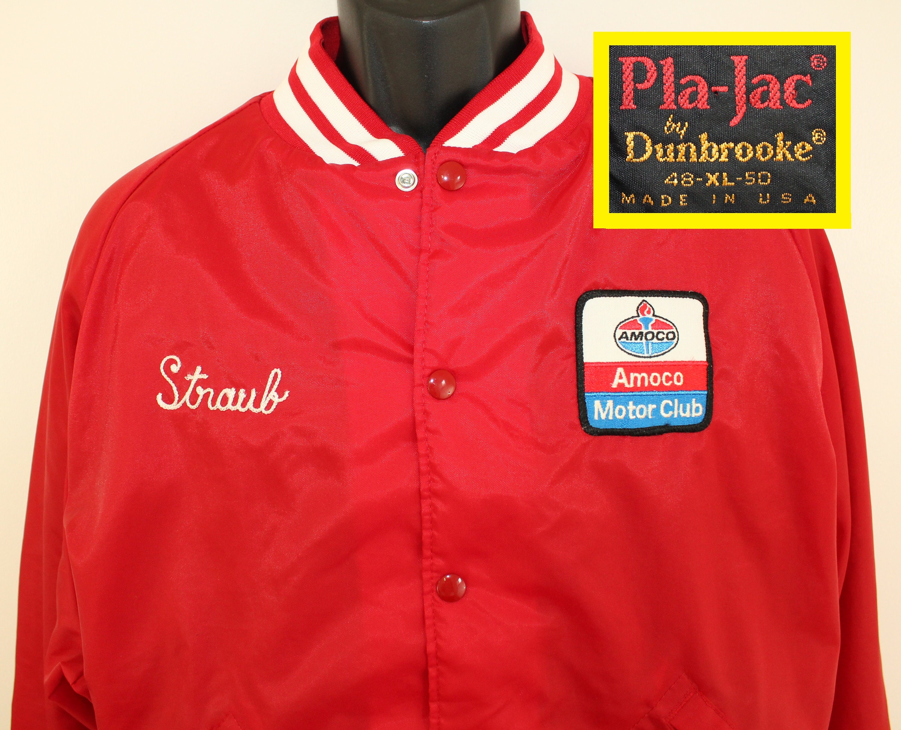 Amoco Motor Club Vintage Snap-button Jacket Coat XL Red White 70s 80s ...