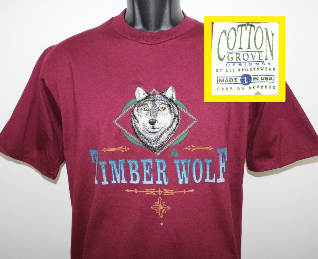 NOS Deadstock 90s 1995 LSJ Sportswear Timber Wolf Vintage T-shirt Burgundy Embroidered ...