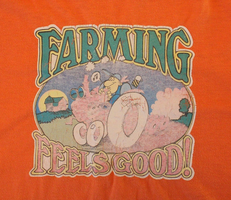 80s Farming Feels Good Eddie Vintage T-shirt Orange Iron-on Soft Thin ...