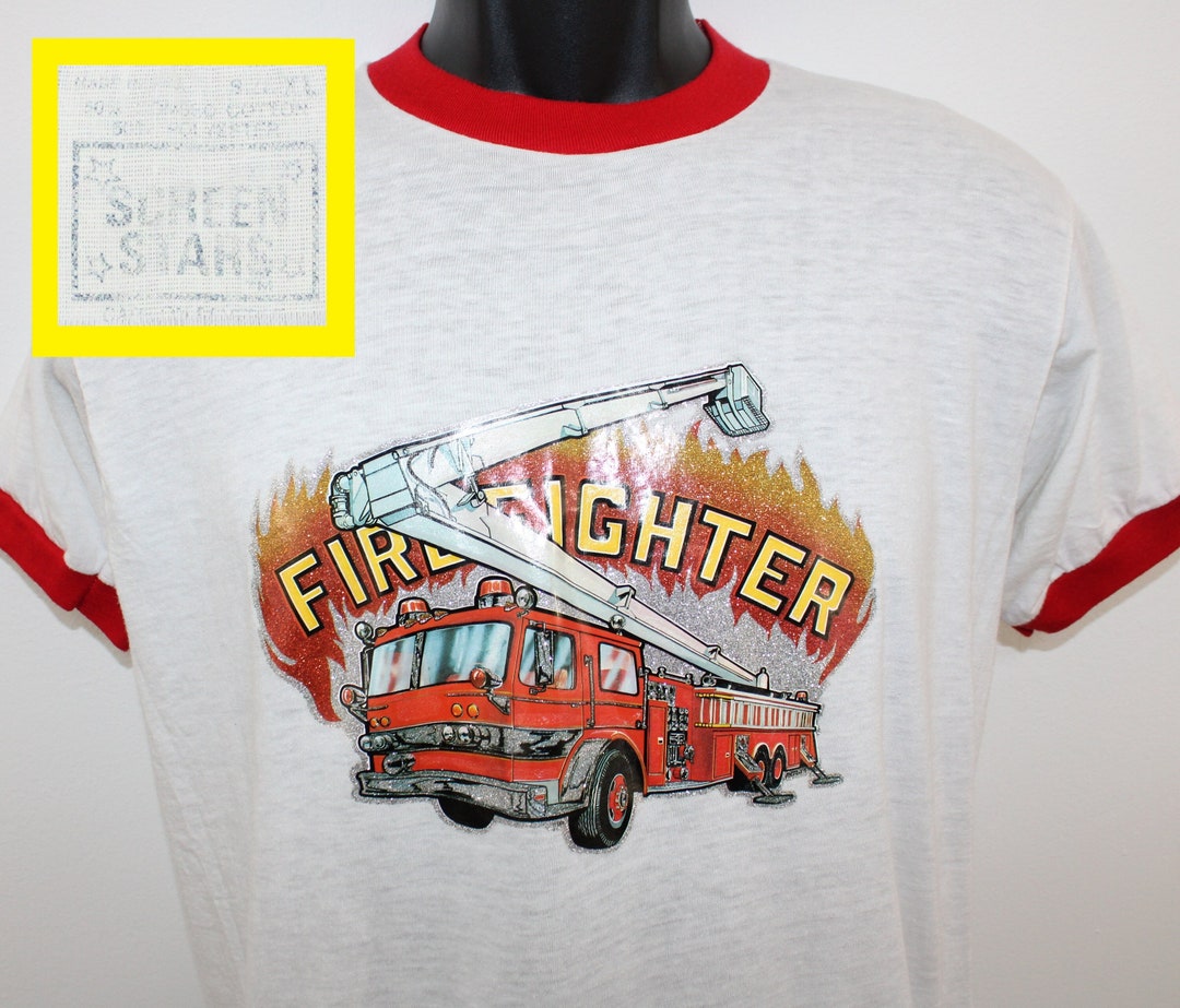 70s 80s Early Screen Stars Firefighter Ringer T-shirt White Red Iron-on ...