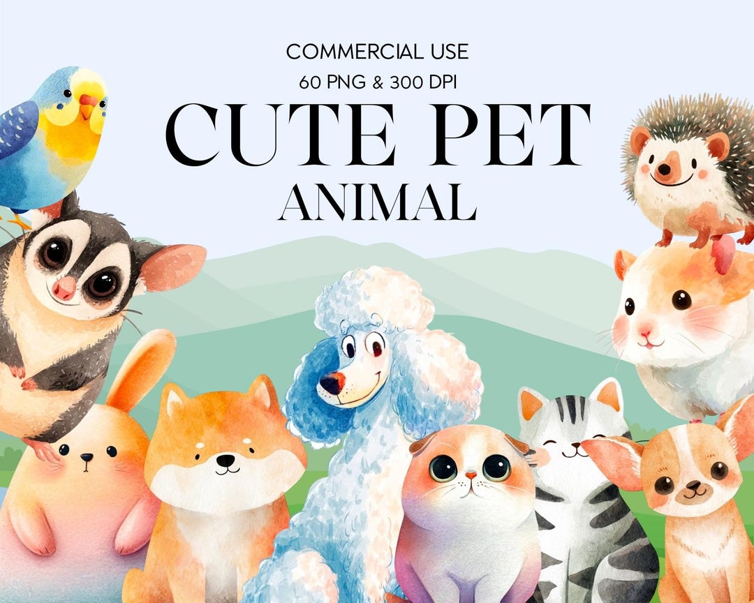 Cute Pet Animal Clipart Set, Watercolor Dog Cat Bunny Bird Hedgehog ...
