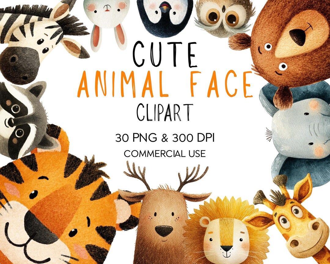 Watercolor Safari Animal Faces Clipart: 30 PNG Nursery Designs (digital ...