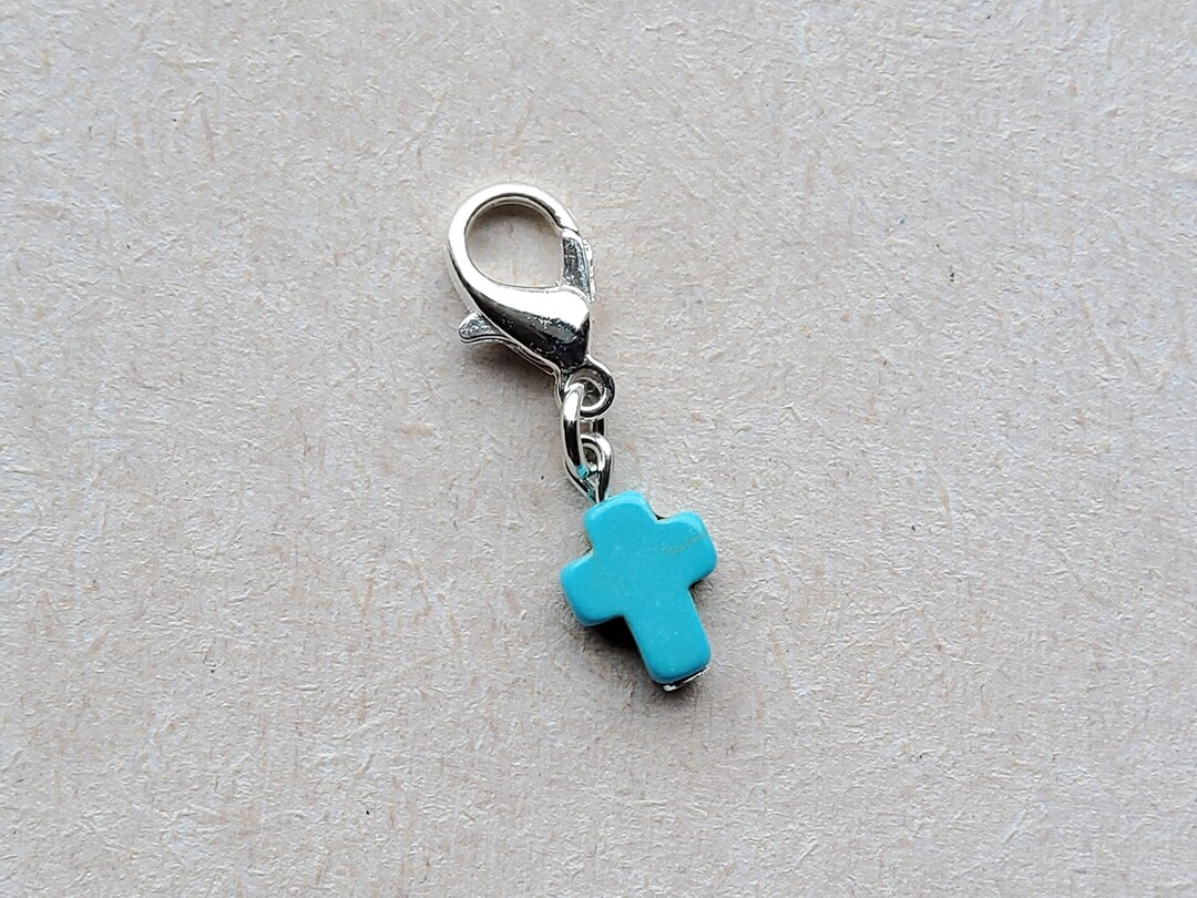 Mini Turquoise Blue Stone Cross Clip on Charm With Silver Lobster Clasp ...