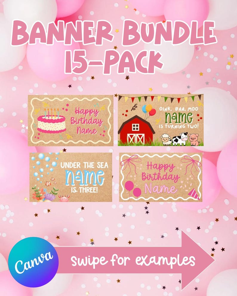 Editable Banner Templates: 15-pack Customizable Party Decor (digital ...