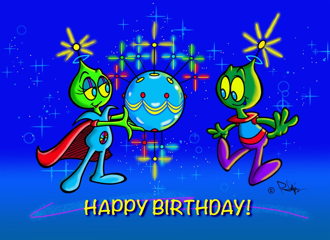 HAPPY BIRTHDAY Alien Cartoon Illustration from Female to Male | Etsy