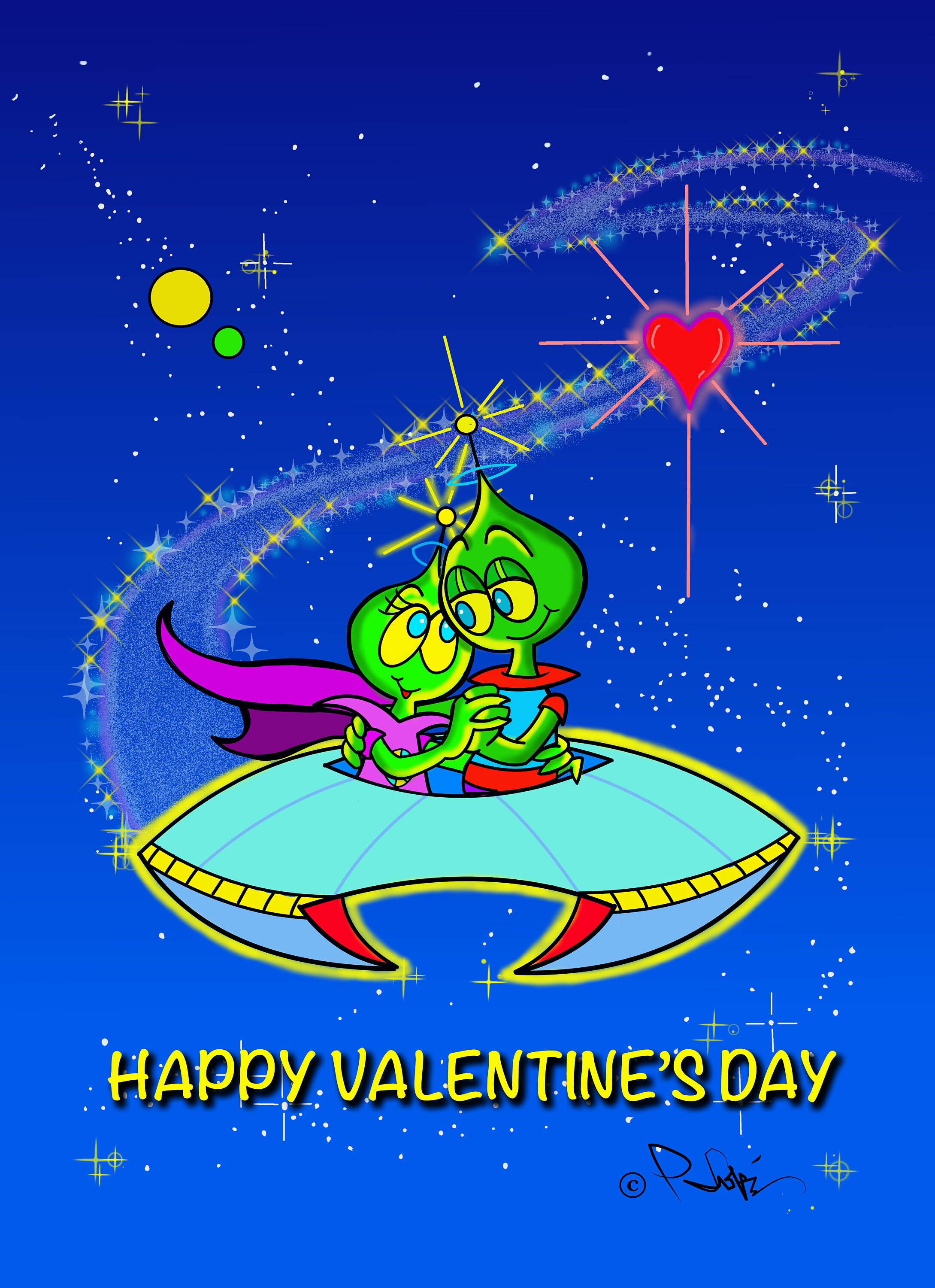 Happy Valentine's Day Alien/UFO Cartoon Illustration 16x20 | Etsy