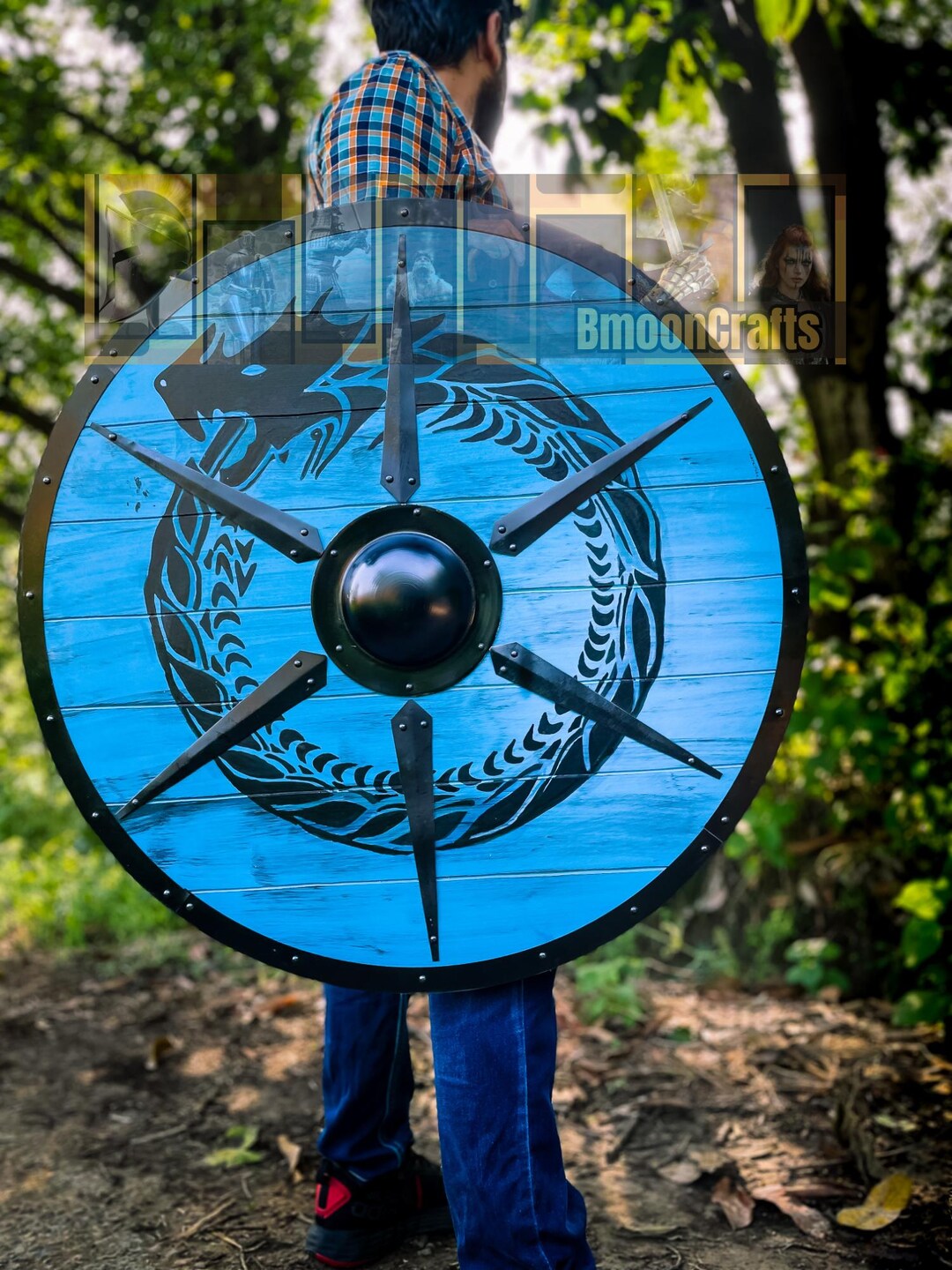 Handmade Viking Shield | Ouroboros Dragon Jormungandr Design | Wooden ...