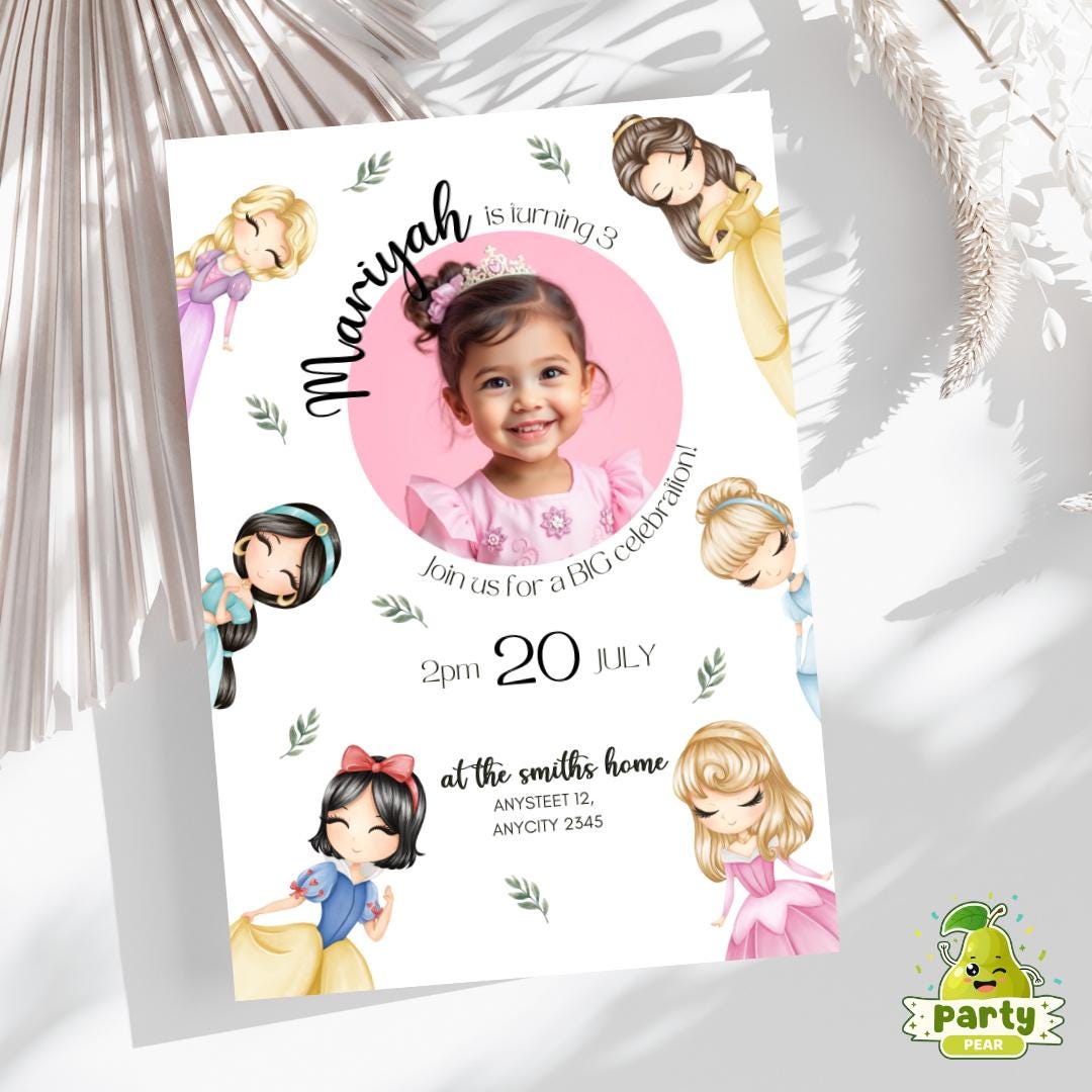 Princess Birthday Invitation Photo Template | Editable Kids Party ...