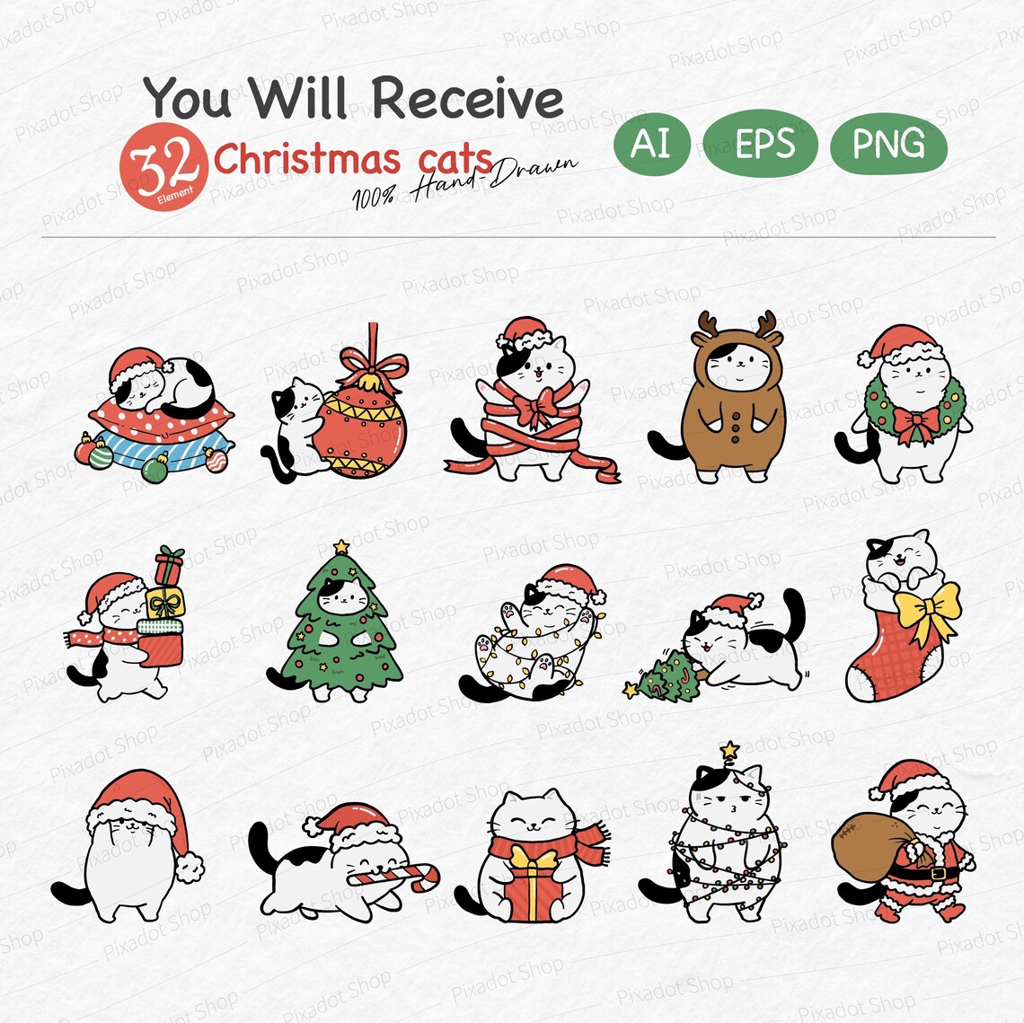 Christmas Cat Clipart Bundle | Cute Hand Drawn Festive Kitty ...
