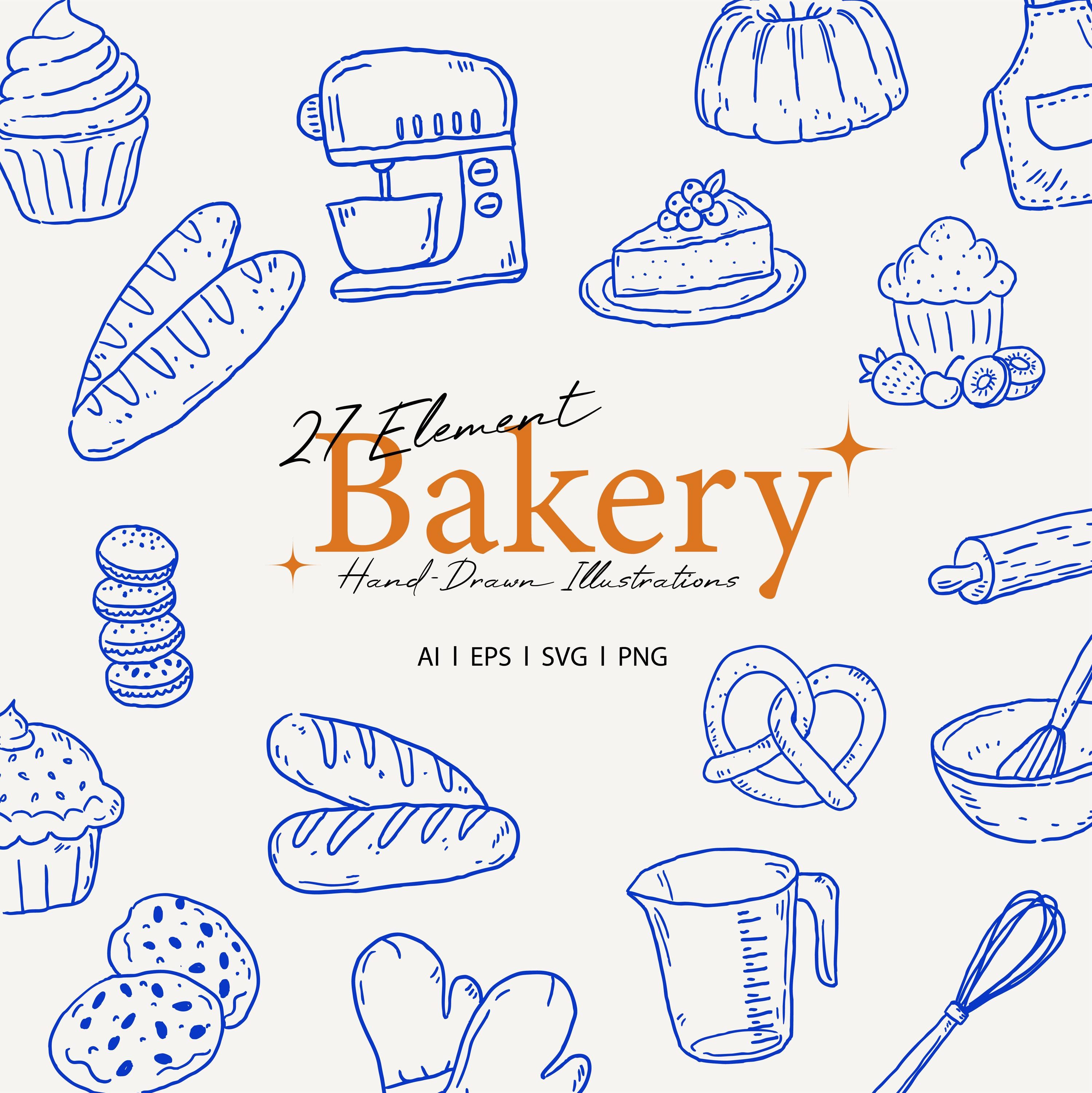 Set of Hand Drawn Bakery Line Art Clipart Doodle Style Vector ...