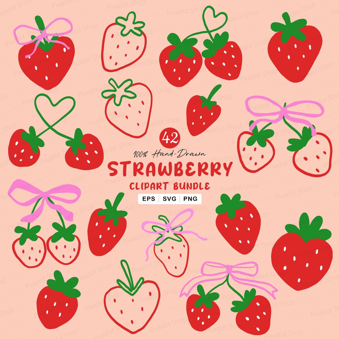 Cute Strawberry Clipart Bundle | Hand Drawn Strawberry SVG, PNG, EPS ...