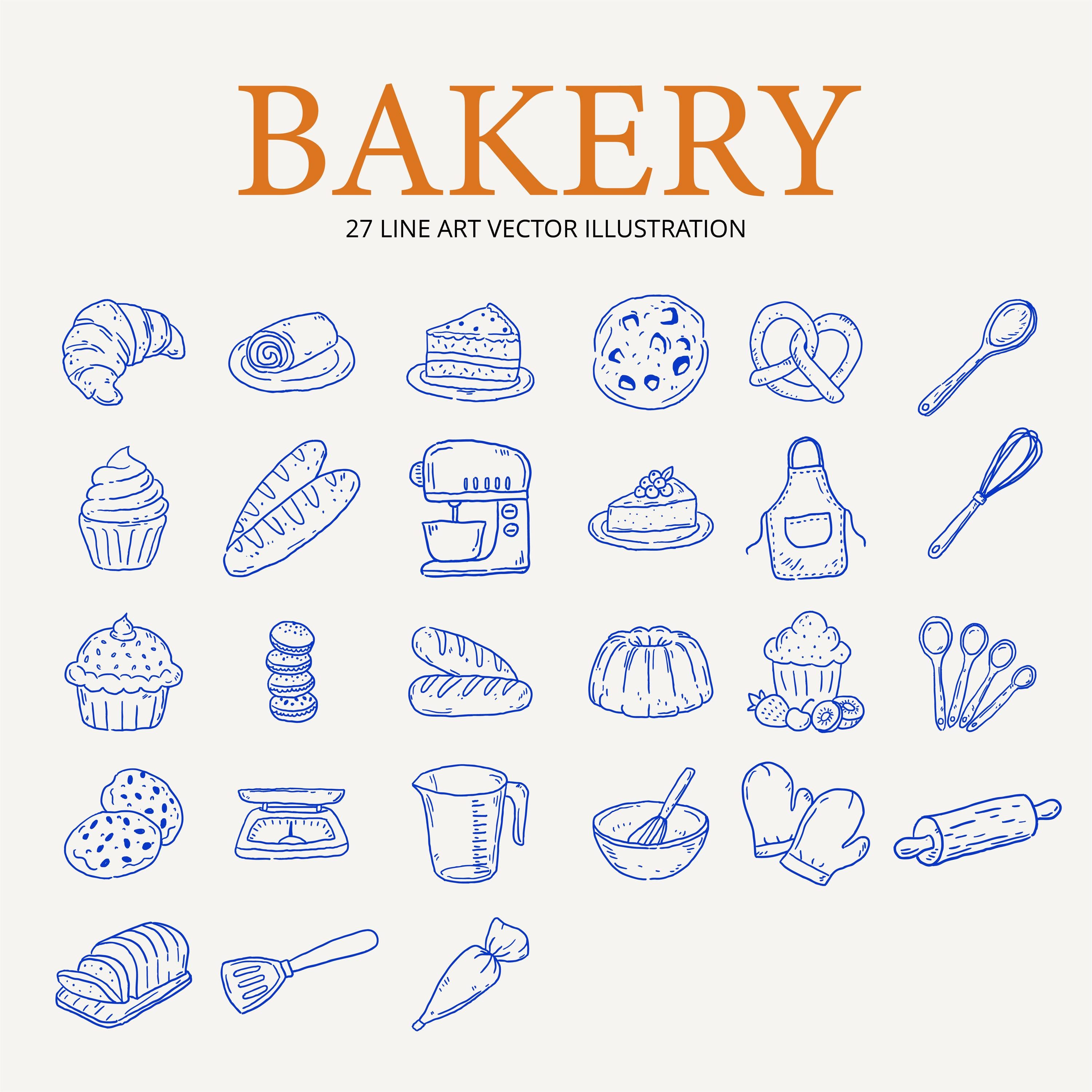 Set of Hand Drawn Bakery Line Art Clipart Doodle Style Vector ...