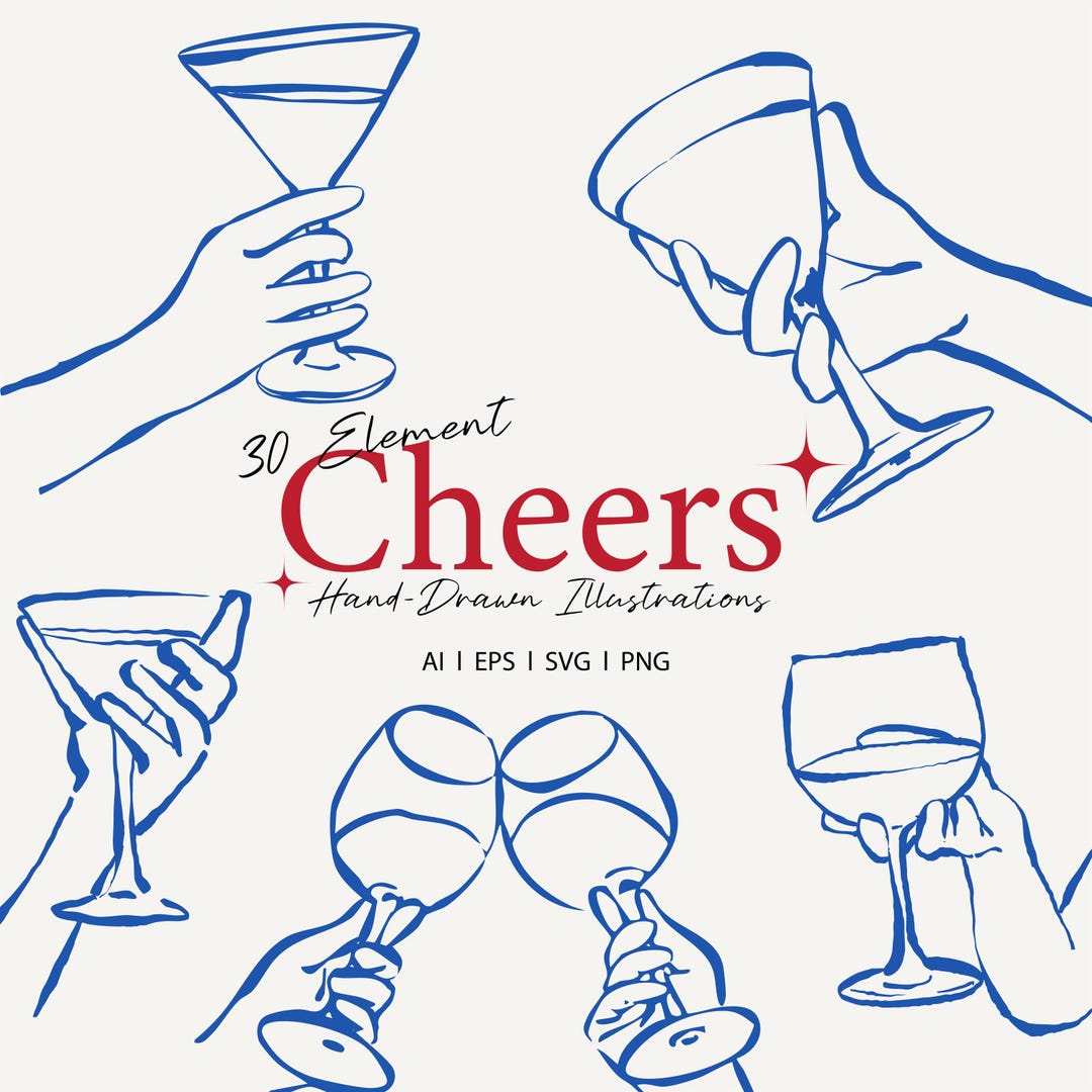 Cheers Clipart Bundle | Hand Drawn Drink Glass Illustrations | Line Art ...
