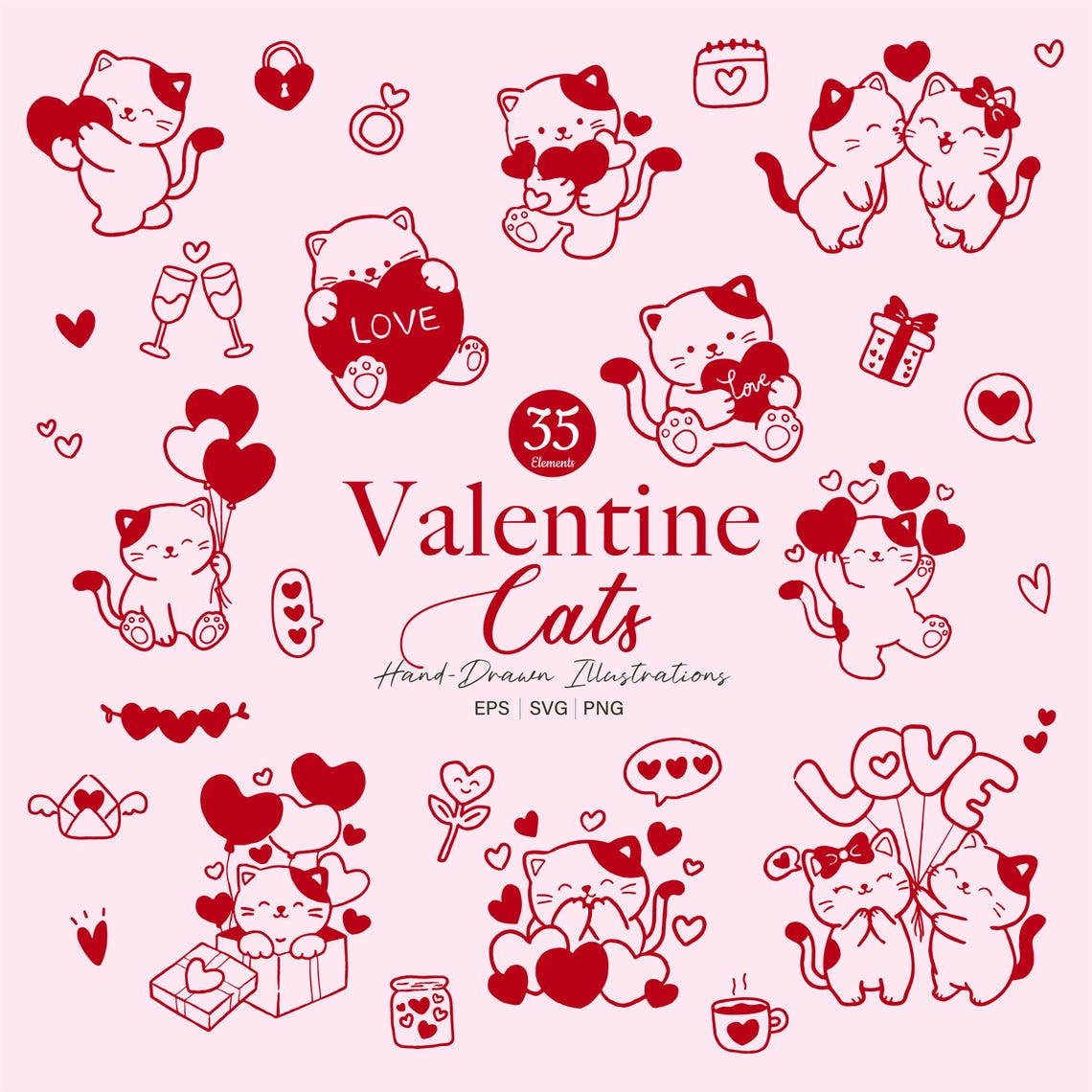 Valentine Cats Clipart Bundle | Hand Drawn Love Cat Illustrations ...