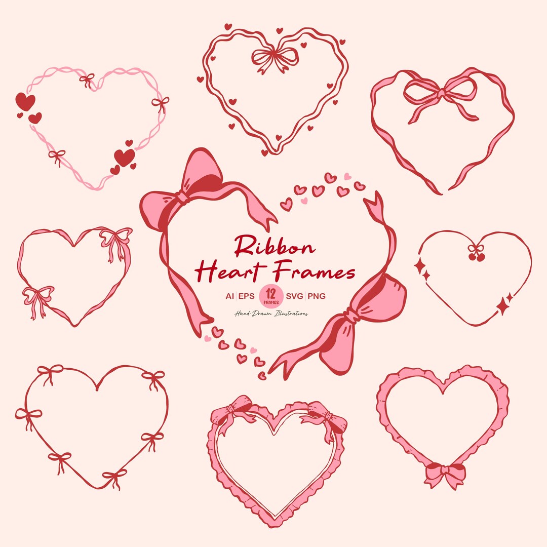 Hand-drawn Ribbon Heart Frame Clipart Set SVG PNG EPS | Romantic Bow ...