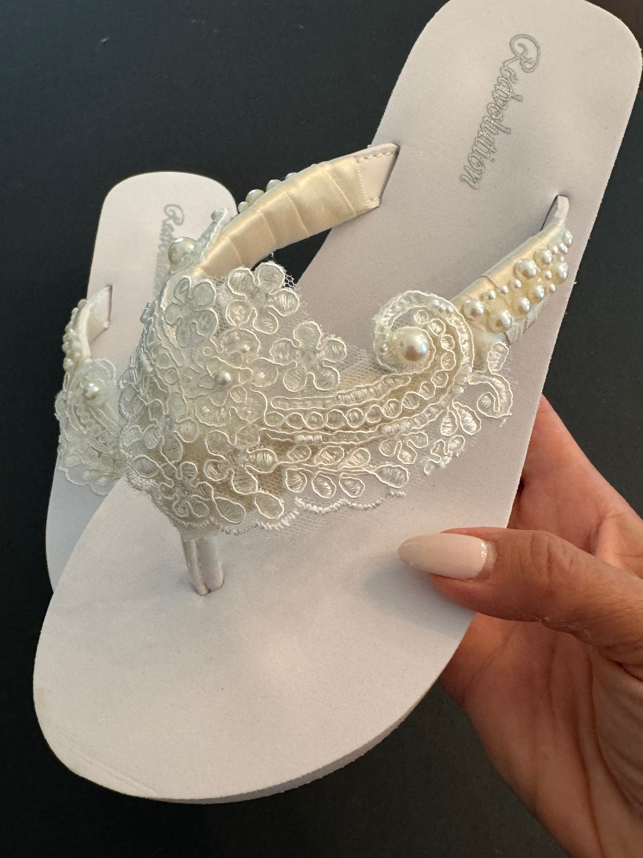 Ivory Wedding Lace Flip Flops Wedges . Pearl Bridal Flip Flop Shoes ...
