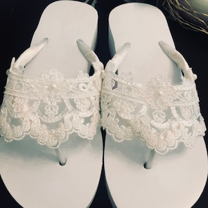 Ivory Lace Bridal Flip Flops Wedges . Pearl Wedding Flip Flop Shoes ...