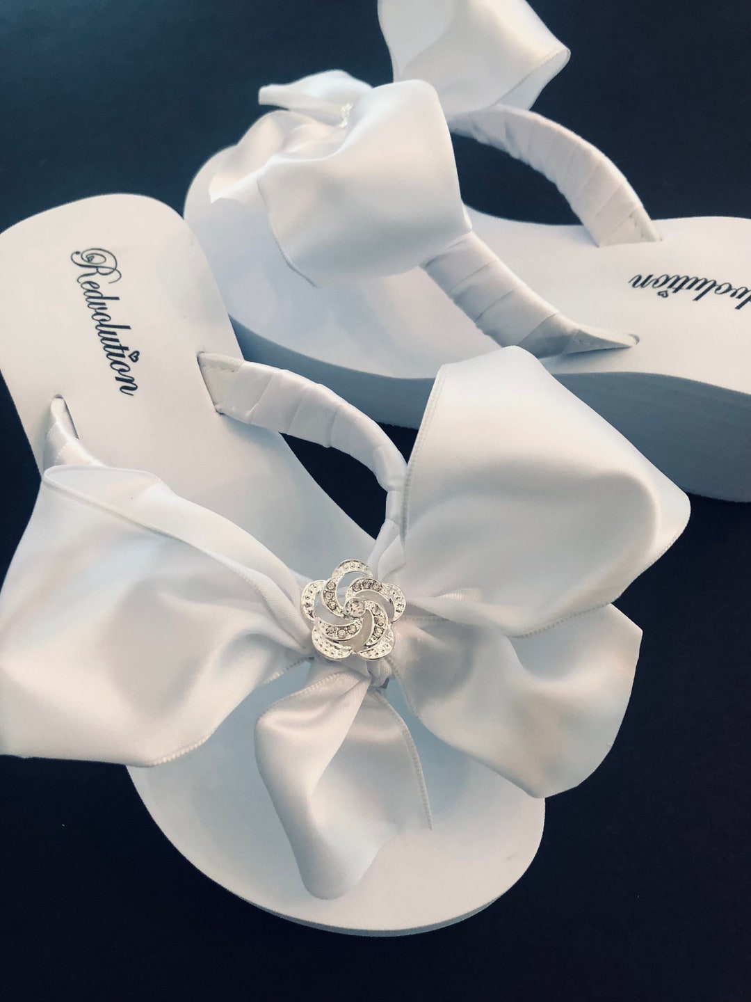 White Bridal Flip Flops. Bowed Wedding Shoes. Bling Bridal Sandals ...