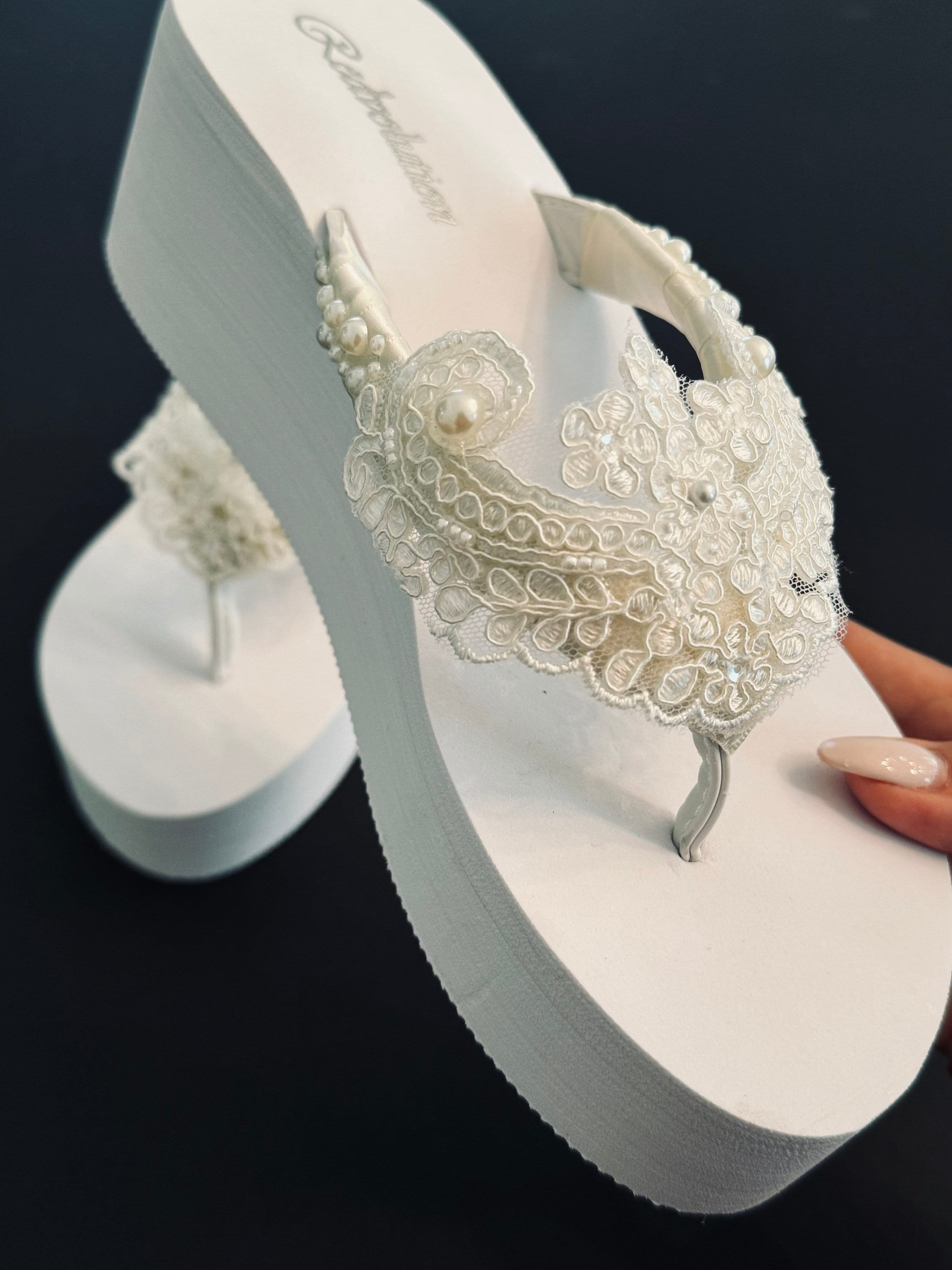 Ivory Wedding Lace Flip Flops Wedges . Pearl Bridal Flip Flop Shoes ...