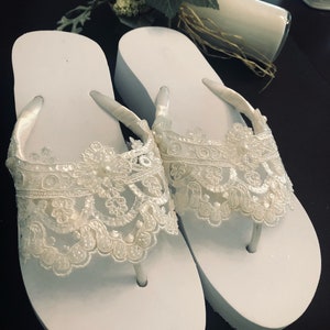 Ivory Lace Bridal Flip Flops Wedges . Pearl Wedding Flip Flop Shoes ...