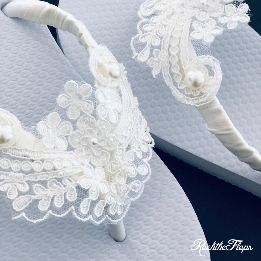 Lace Bridal Flip Flops and High Wedges. Pearl Wedding Flip Flops ...
