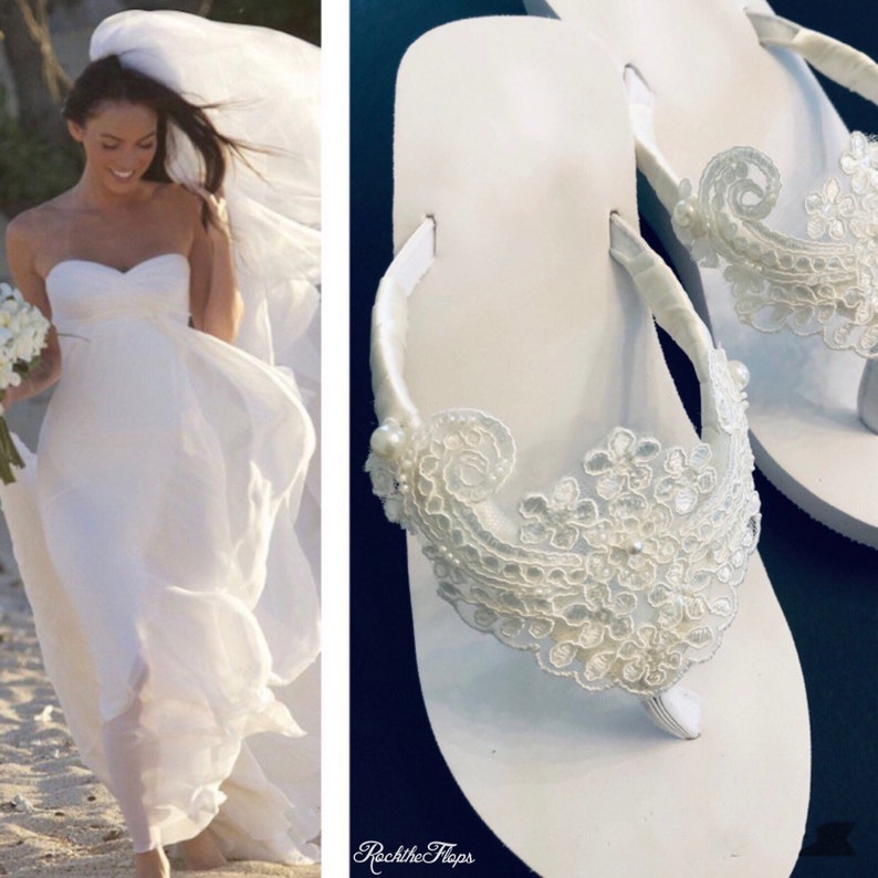 Lace Bridal Flip Flops and High Wedges. Pearl Wedding Flip | Etsy
