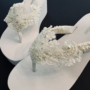 Ivory Wedding Lace Flip Flops Wedges . Pearl Bridal Flip Flop Shoes ...