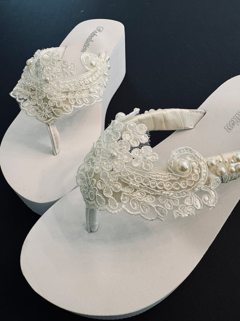Ivory Wedding Lace Flip Flops Wedges . Pearl Bridal Flip Flop Shoes ...