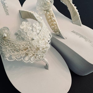 Ivory Wedding Lace Flip Flops Wedges . Pearl Bridal Flip Flop Shoes ...