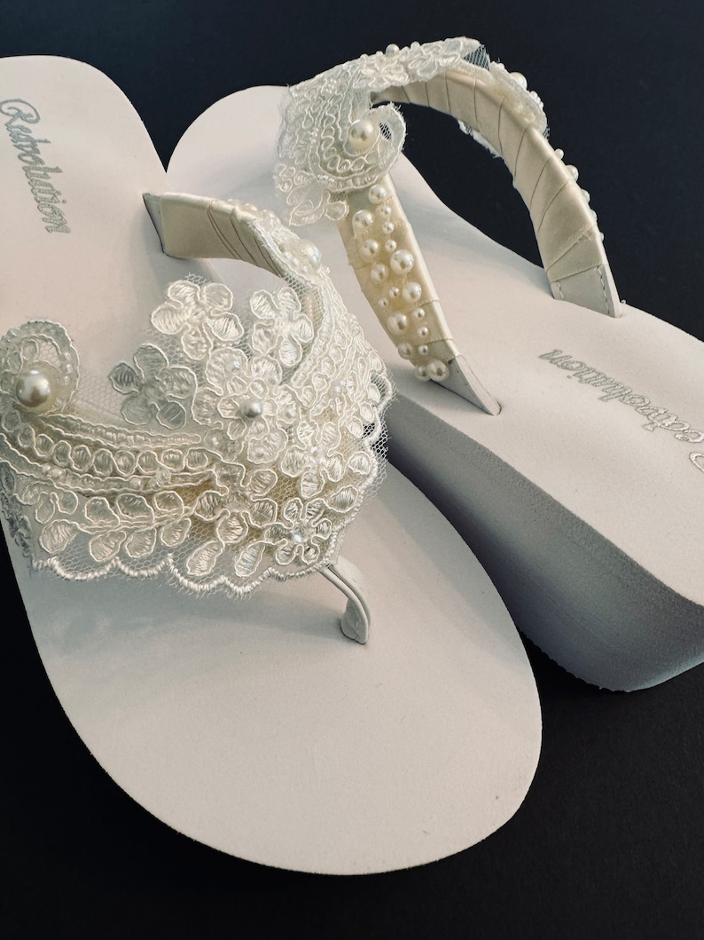 Ivory Wedding Lace Flip Flops Wedges . Pearl Bridal Flip Flop Shoes ...