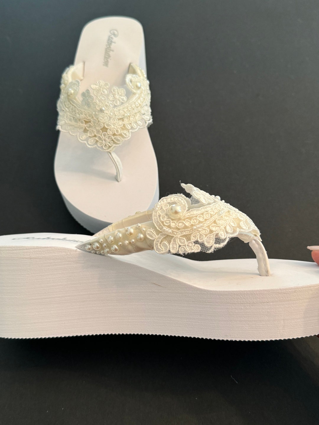 Ivory Wedding Lace Flip Flops Wedges . Pearl Bridal Flip Flop Shoes ...