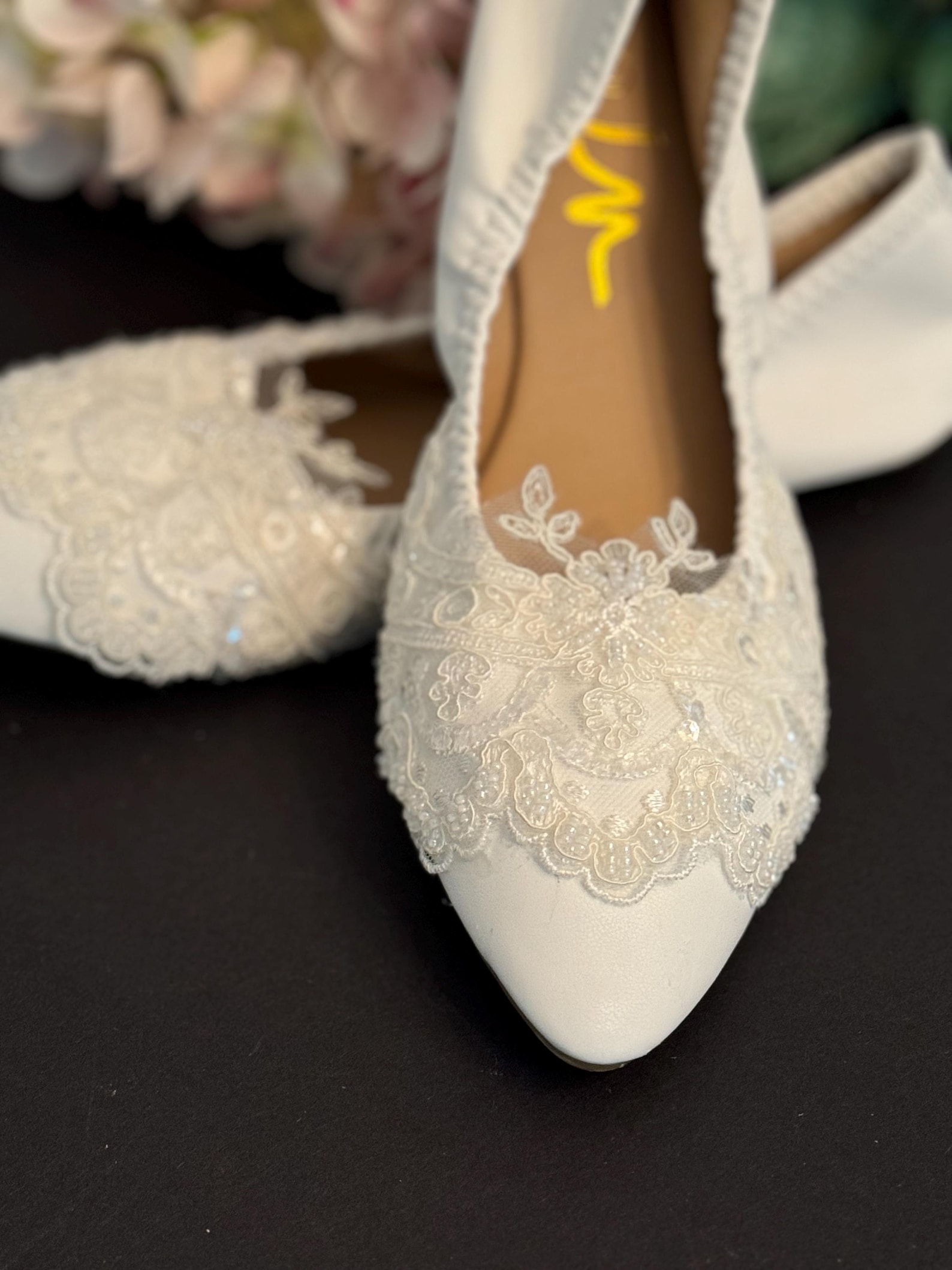 Ivory Lace Bridal Flats. Low Heel Bridal Shoes. Beaded Pearl Wedding ...