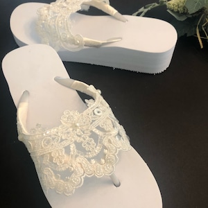Ivory Lace Bridal Flip Flops Wedges . Pearl Wedding Flip Flop Shoes ...