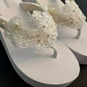 Ivory Wedding Lace Flip Flops Wedges . Pearl Bridal Flip Flop Shoes ...