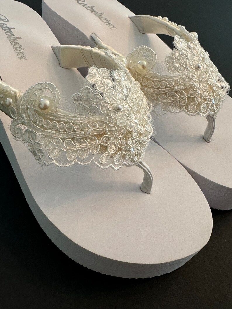 Ivory Wedding Lace Flip Flops Wedges . Pearl Bridal Flip Flop Shoes ...