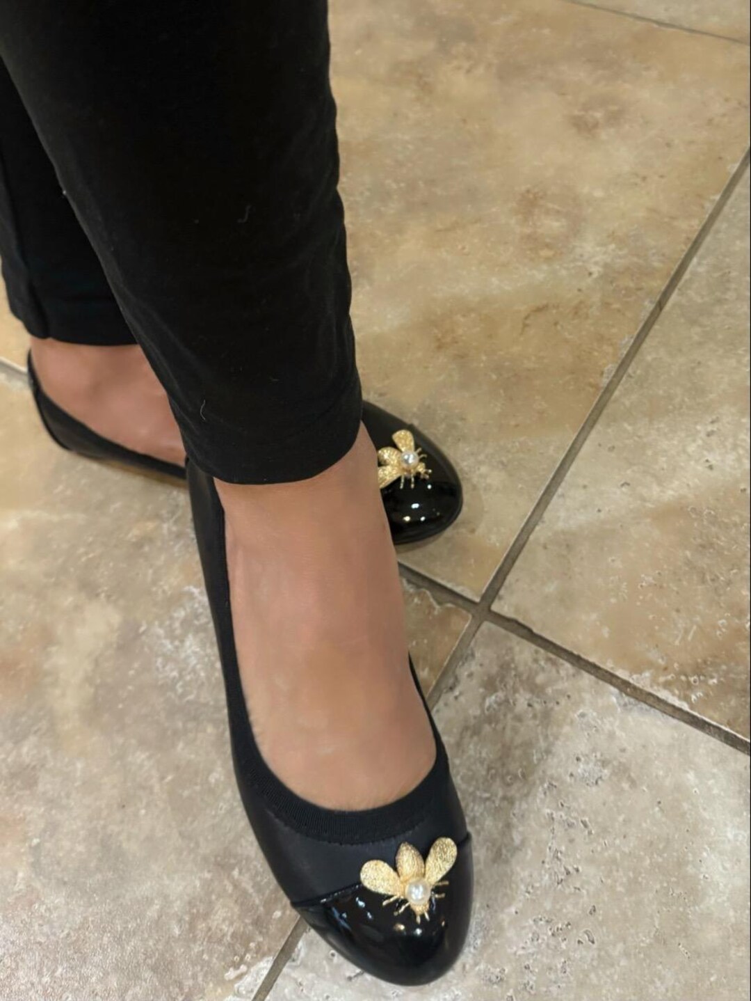 Women's Ballet Flats With Bee. Black Low Heel Traveling Flats. Rescue ...