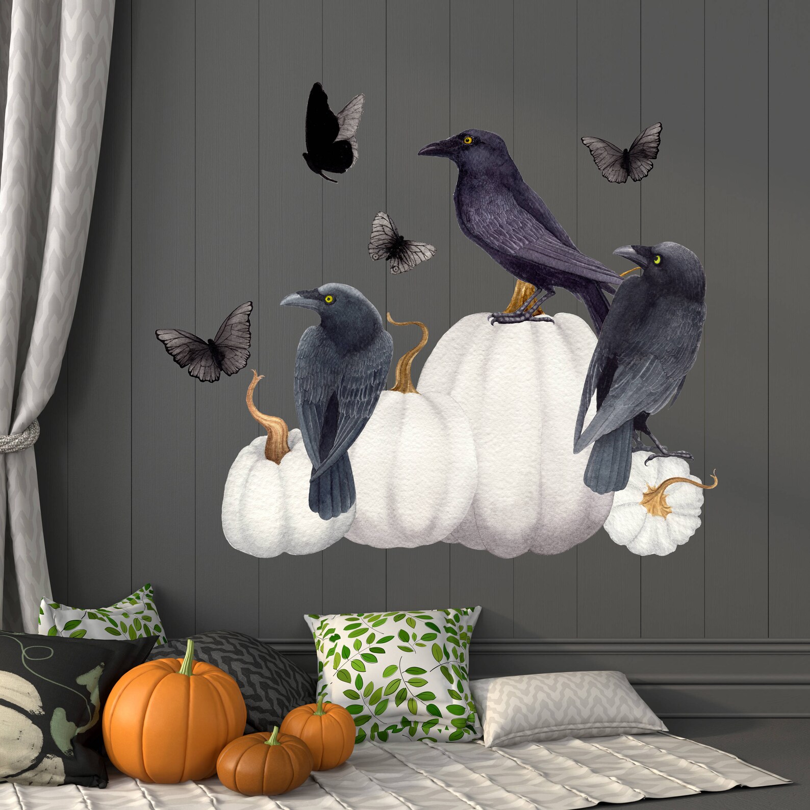 Black Ravens Halloween Wall Stickers With White Pumpkins - Etsy