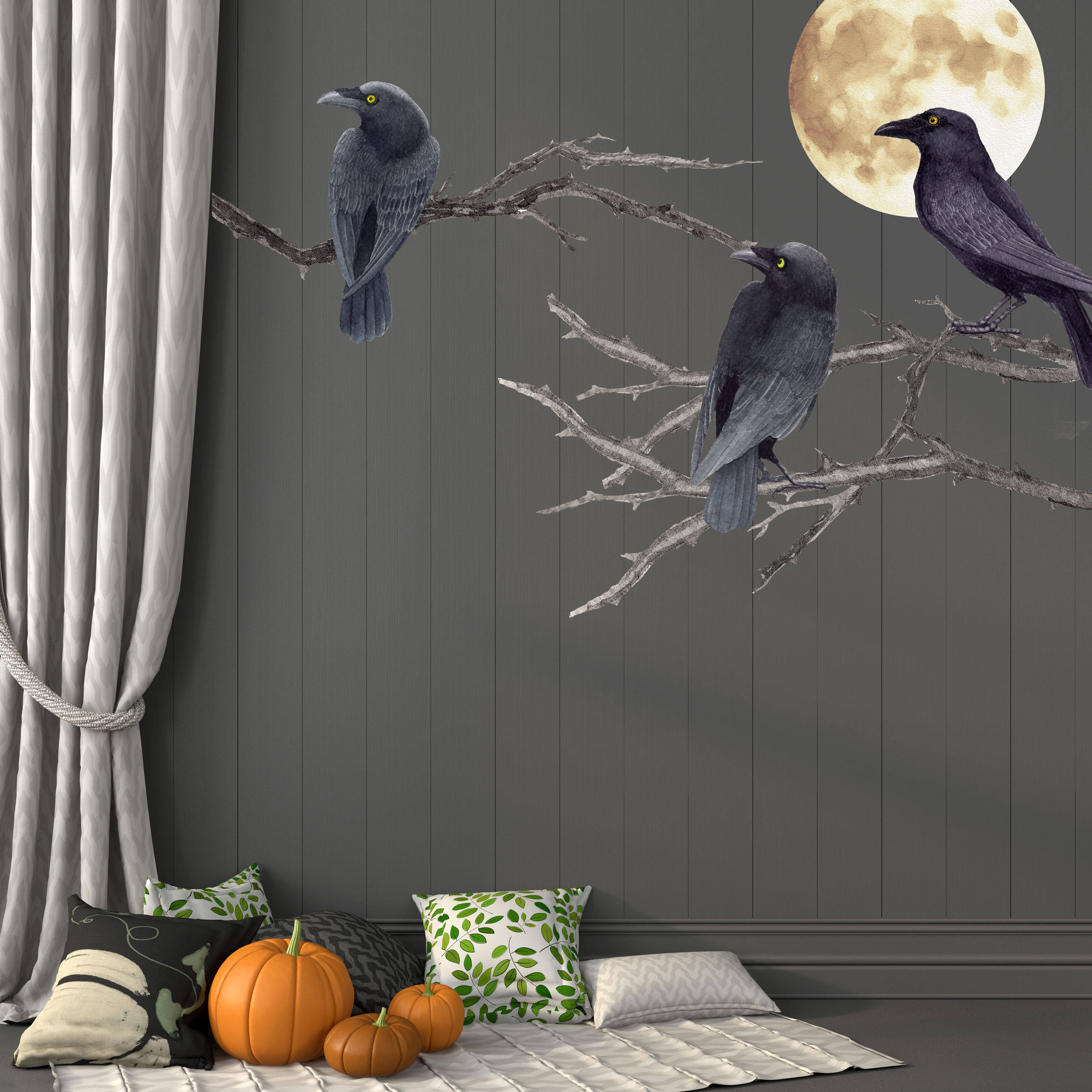 Ravens Halloween Wall Mural Ravens on Branches With Full - Etsy