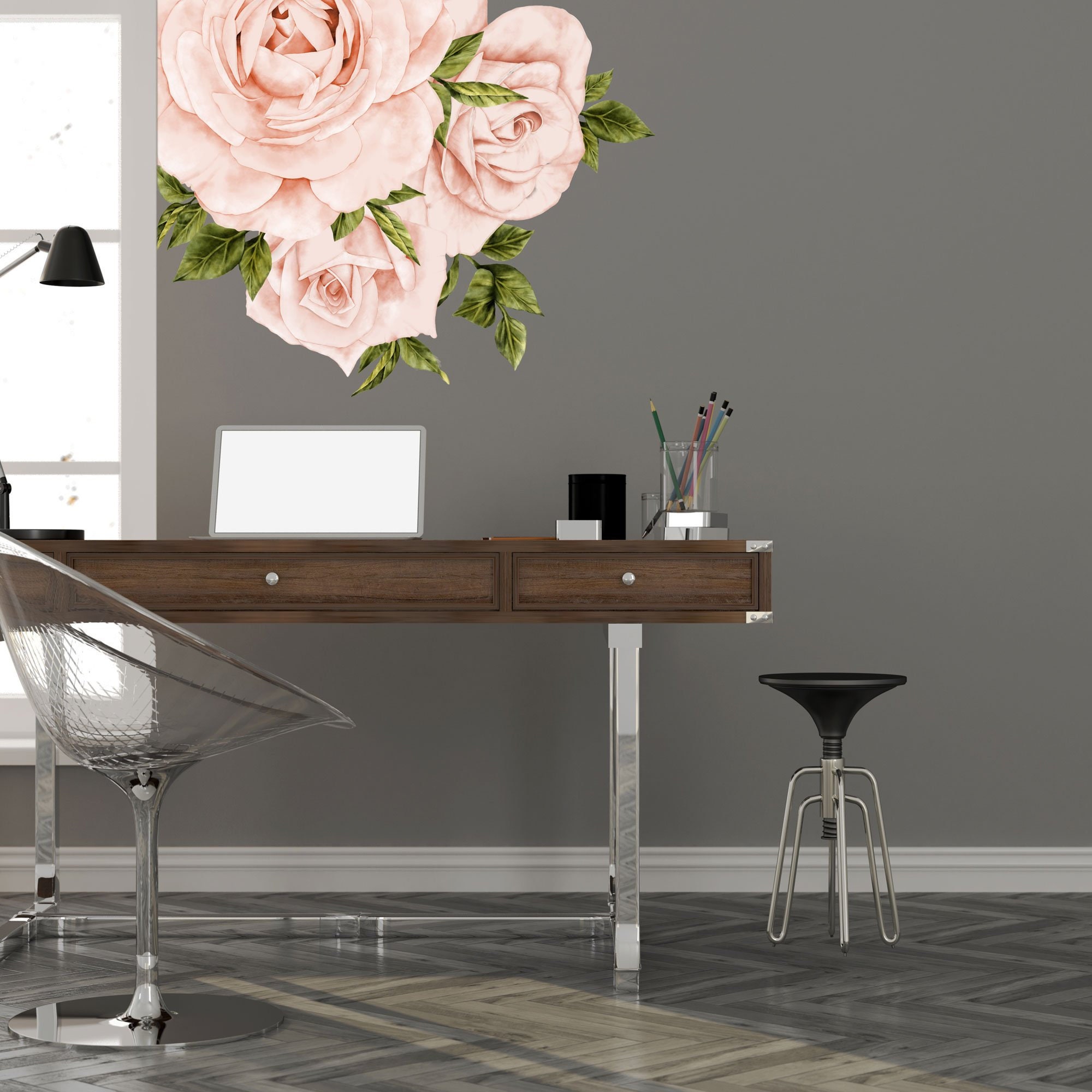 Pink Roses Floral Wall Decals For Nursery Floral Wallpaper | Etsy